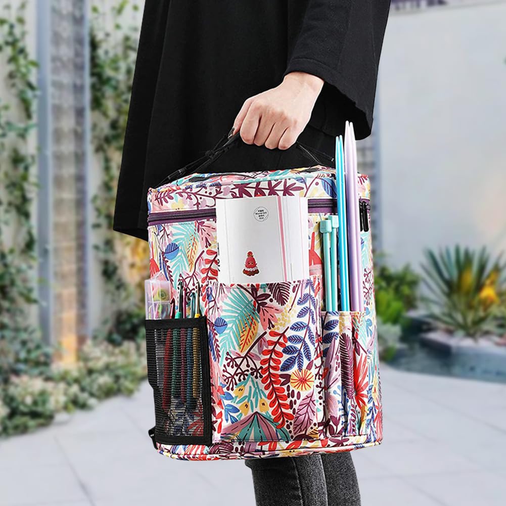 Yarn Bag with Customized Front Compartment for Knitting Accessories, Large Crochet Tote Yarn Organizer Yarn Bowl with Zipper Closure and Shoulder Strap for Crocheting(as Shown,Size:11.02x12.99inch)