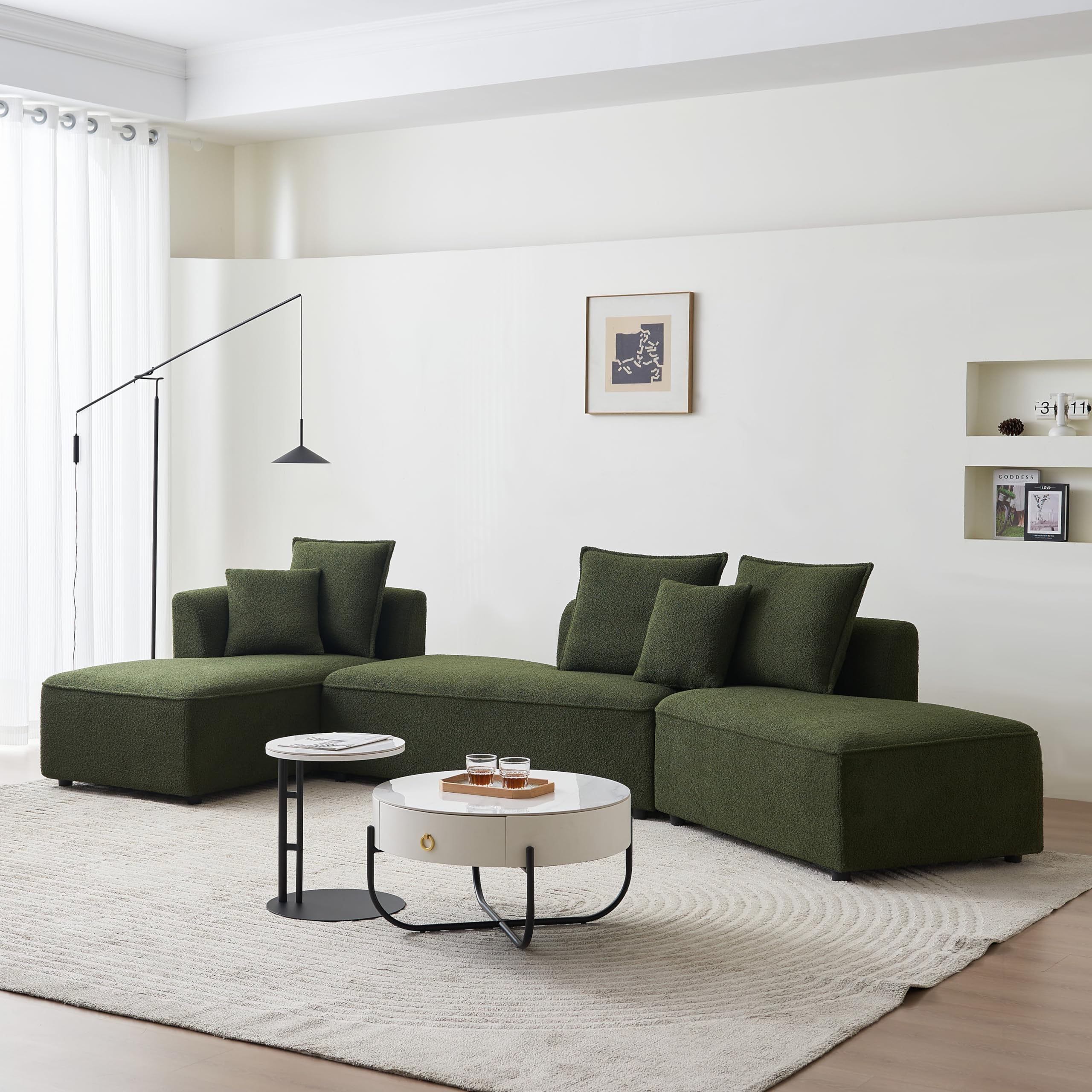 VnndeNest 141.7'' Modular Sectional Couch, Lambwool Sherpa Fabric Curved Sofa, Comfy Upholstered L-Shape Sectional Sofa with Chaise Lounge, Oversized 6 Seater Sofa for Living Room, Apartment, Orange
