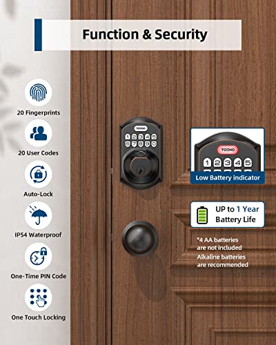TEEHO TE002K Fingerprint Door Lock Set - Keyless Entry Door Lock with Handle - Door Knob with Keypad Deadbolt - Smart Locks for Front Door - Auto Lock - No Need App - Easy Installation - Bronze