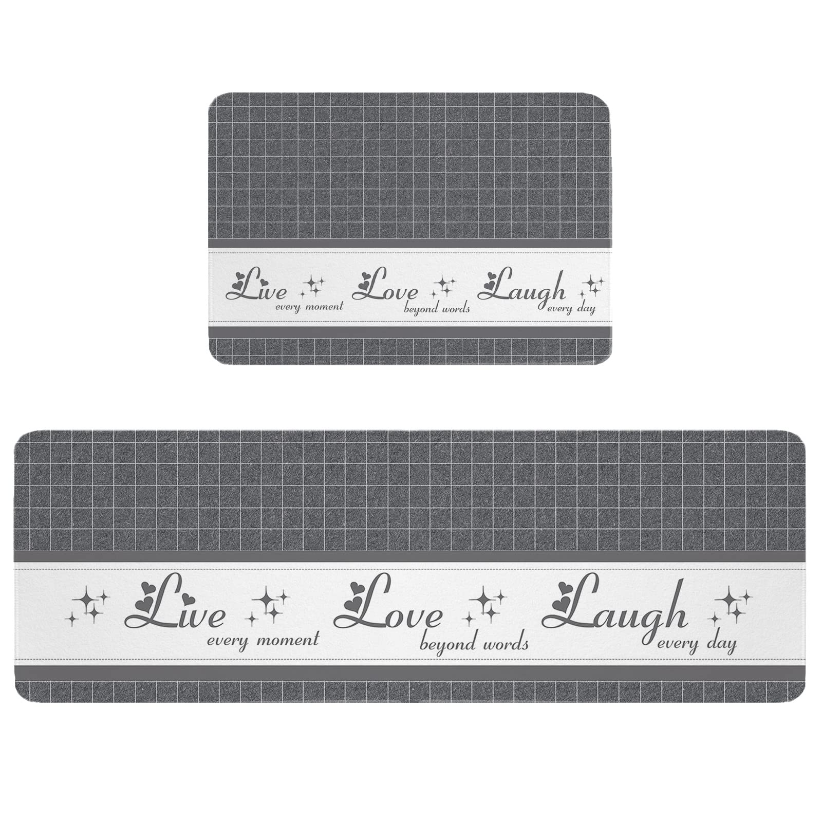Live Love Laugh Grey Kitchen Rugs and Mats 2 Pieces Set, Gray Checkered Wall Art Modern Non Slip Floor Mat for Sink Laundry, Cushioned Anti-Fatigue Comfort Mat for Kitchen (24"x36"+20"x71")