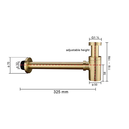 Orhemus Brass Round Bottle P Trap, Basin Sink Waste Trap Drain Tube Kit Adjustable Height, Brushed Gold Finished