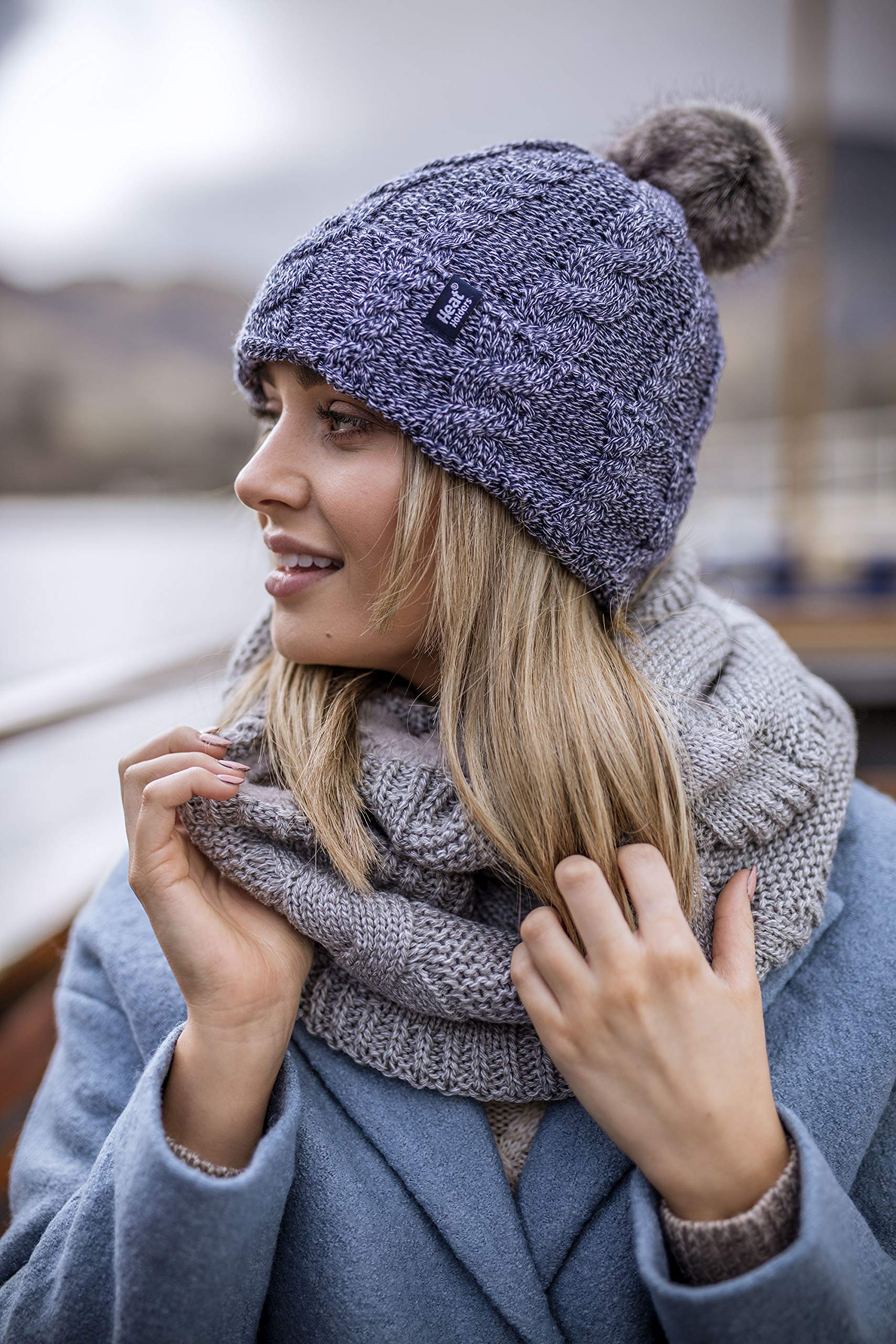 Heat Holders - Womens Thick Knit Thermal Winter Warm Beanie Hat with Pom Pom (One Size, Light Grey)