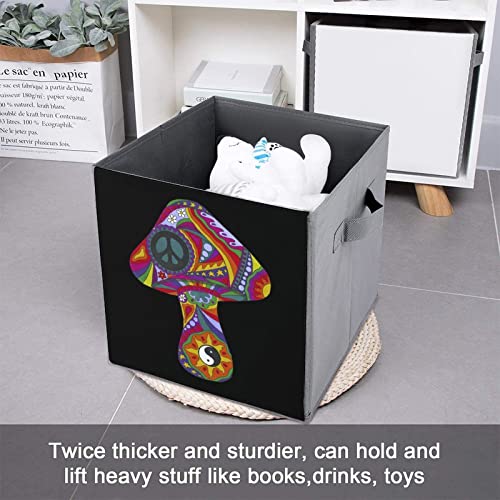 Psychedelic Mushroom PU Leather Collapsible Storage Bins Canvas Cube Organizer Basket with Handles