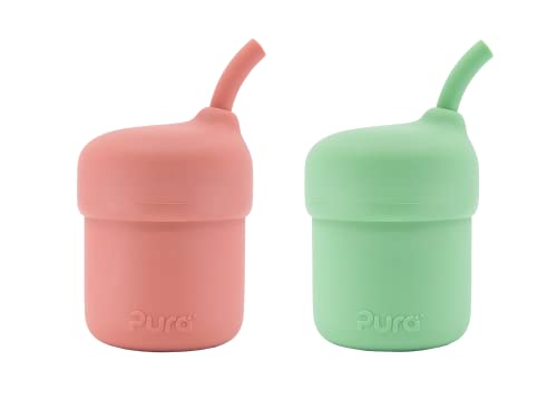 Pura my-my Silicone Straw Cup| Spill Proof, Reusable, Food Grade Silicone, Plastic-Free | For Kids, Toddlers, Babies & Infants - 2 Pack Rose & Moss