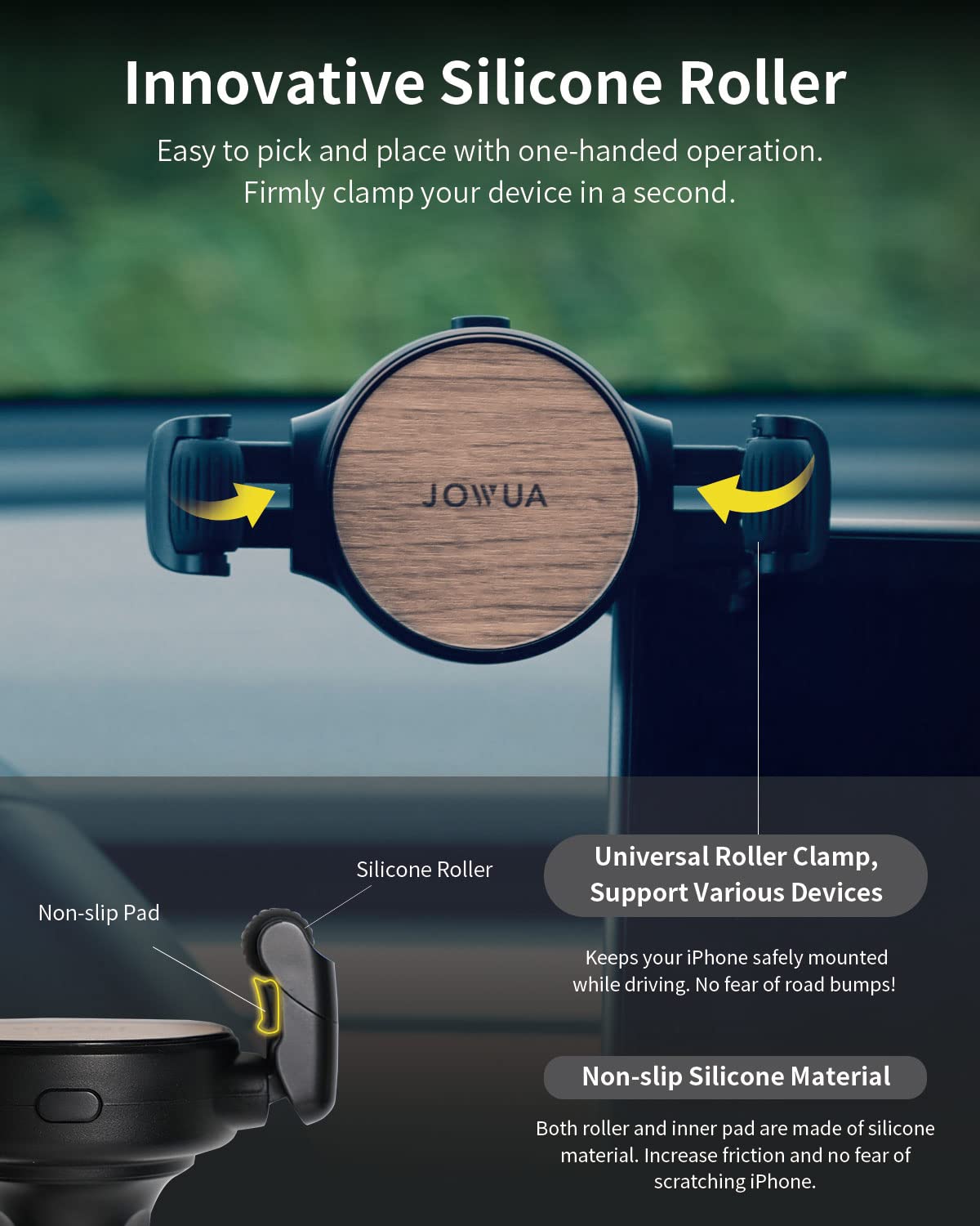 Jowua 6D Tesla Compatible Invisible Foldaway Car Mount (Universal Roller Mount) Compatible for Tesla Tesla Model 3/ Y, Model S/X Plaid (6D Suction Cup)