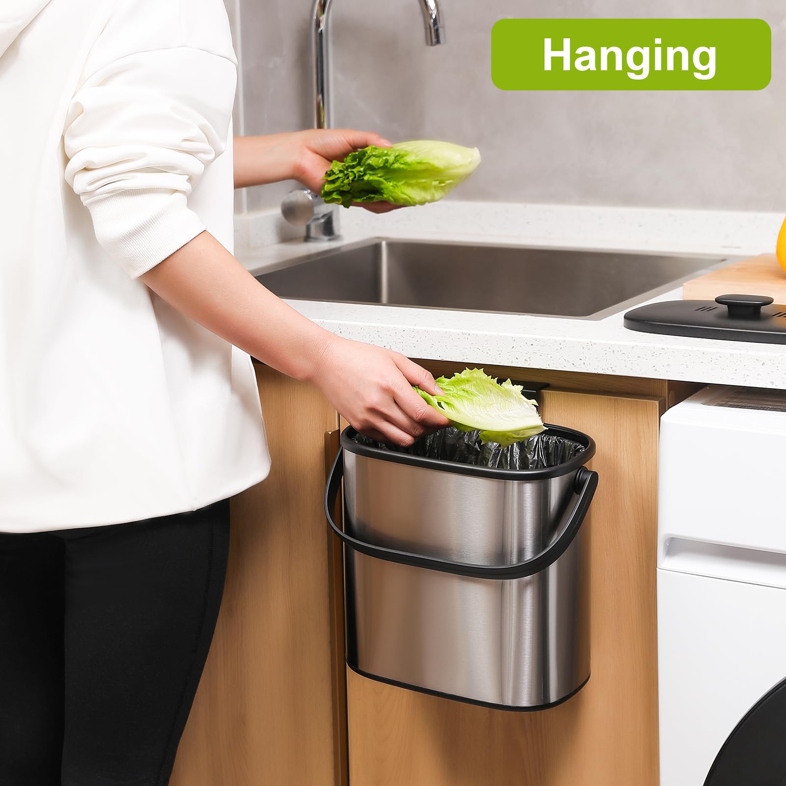 Tegneo Kitchen Compost Bin Countertop, 1.3 Gallon Stainless Steel Kitchen Garbage Can with Lid, Hanging Trash Can for Kitchen Cabinet Door, Under Sink or Wall Mount, Odorless