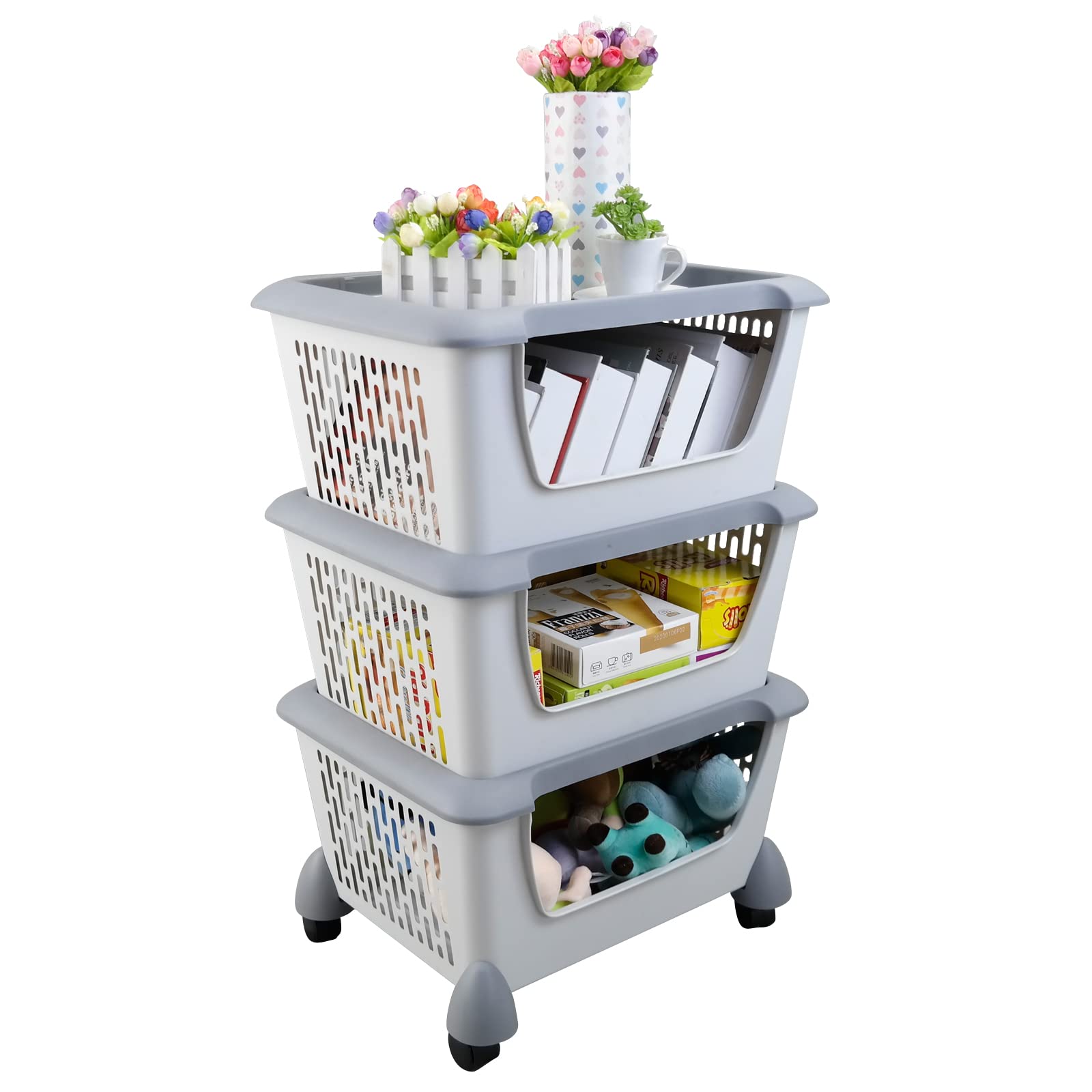 Vcansay 3 Packs Plastic Stacking Storage Basket, Large Stacking Bins with Wheels, Gray