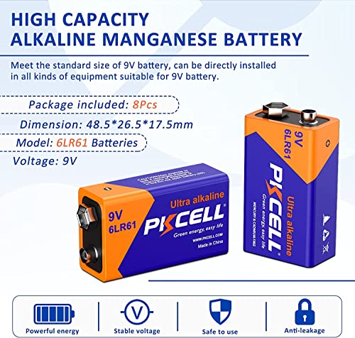PILOCEL 9V Batteries, 9 Volt Alkaline Battery, Long-Lasting 9V Battery for Smoke Detector, 10-Year Shelf Life, 8 Pack