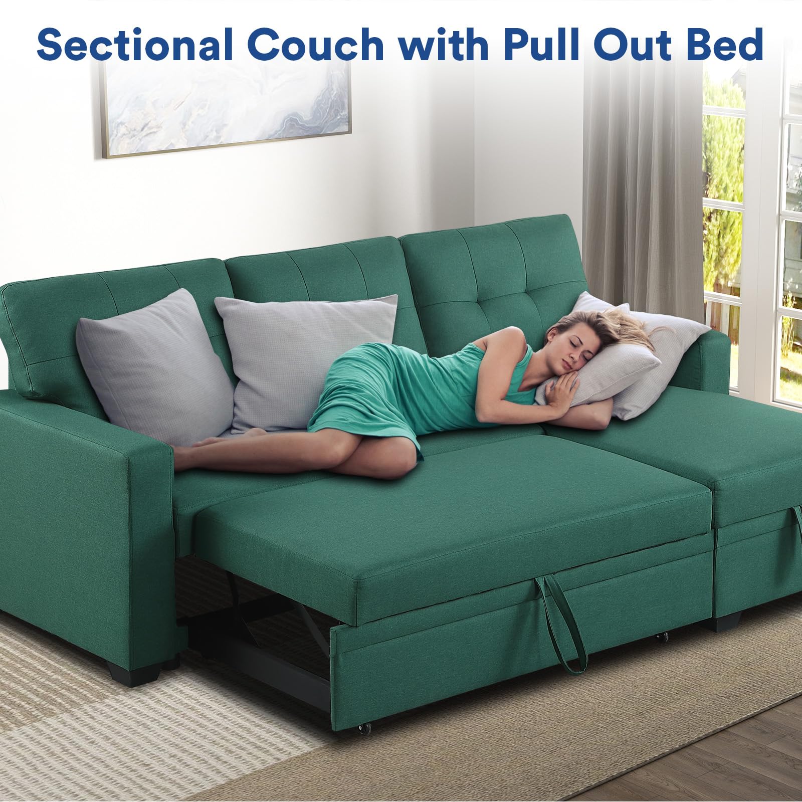 Rovibek 4-in-1 Convertible L Shaped Couch with Pull Out Bed and Storage, Sectional Sleeper Sofa with Reversible Chaise for Living Room, Apartment, Bedroom, Office