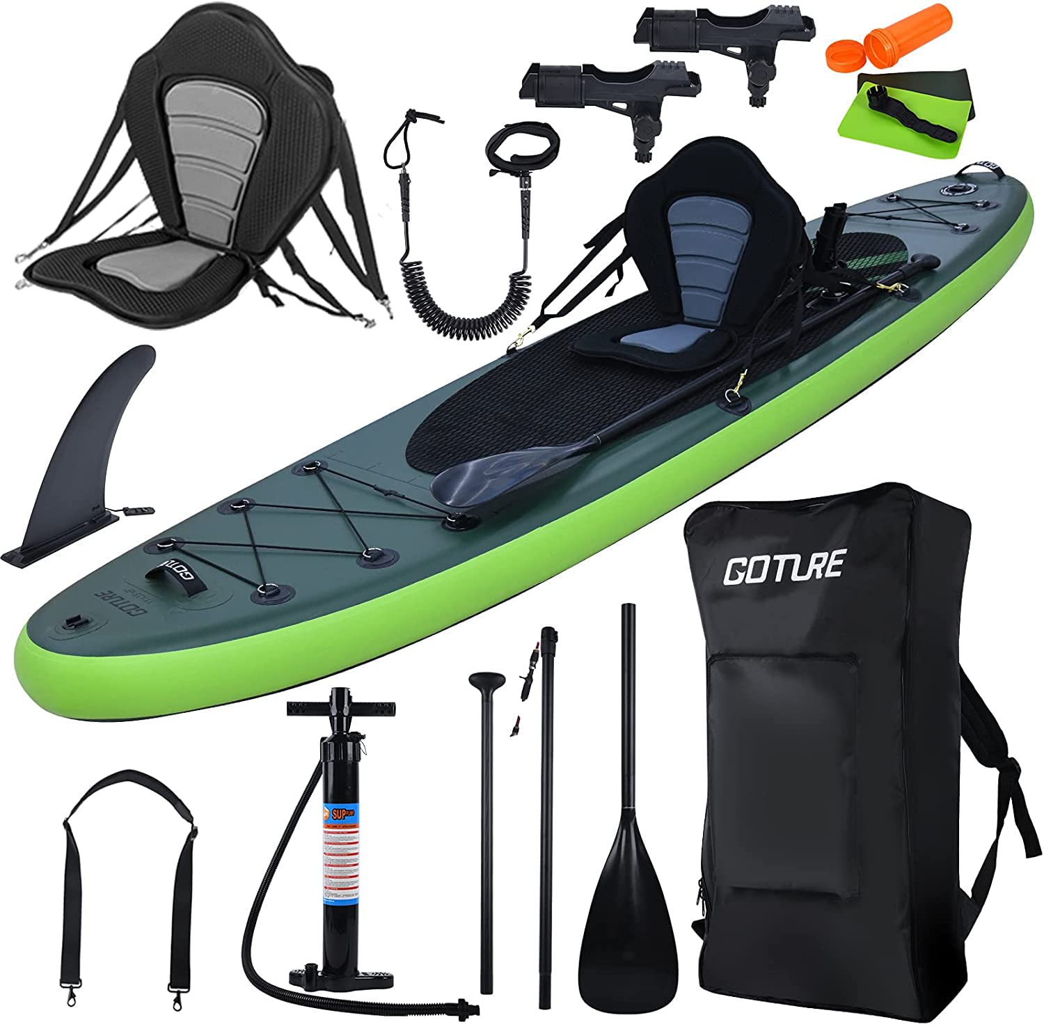 Goture 11'33"6" Inflatable Stand Up Paddle Board, Fishing Paddle Board, Double Layer Fishing SUP with Full Accessories, Extra Width, Non-Slip Deck, Camera Mount, Travel Backpack for All Skill Levels