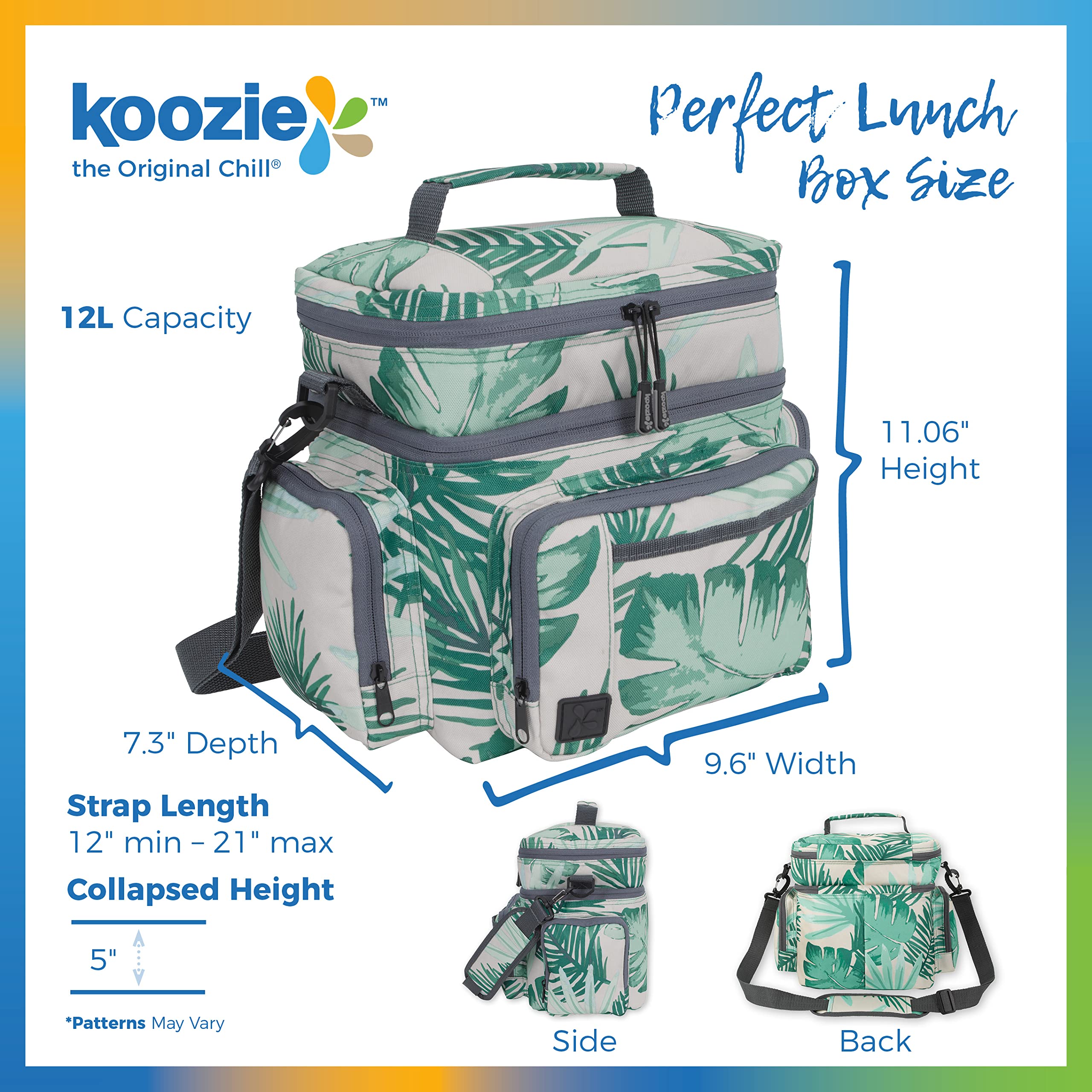 KOOZIE Dual Compartment Cooler Lunch Bag for Women - Large Double Decker Insulated Lunch Box with Removable Shoulder Strap - Resuable Lunch Tote for Work, Travel, Beach, Picnic (Tropical)