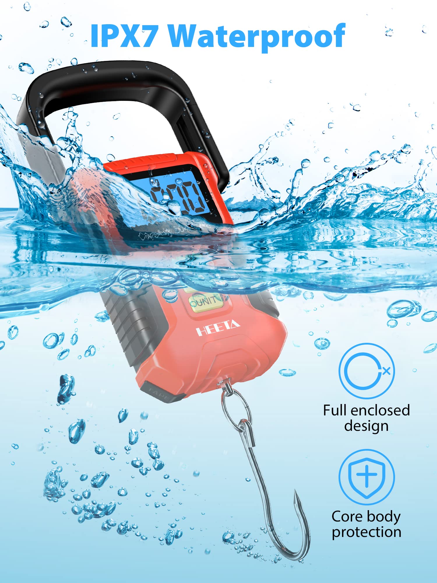 HEETA Waterproof Fishing Scale, Digital Fish Scale 110lb/50kg with Memory Function, Portable Hanging Luggage Scale with Fluorescent Button, 40β Ruler, Backlit LCD Display- Weight Scale, Red
