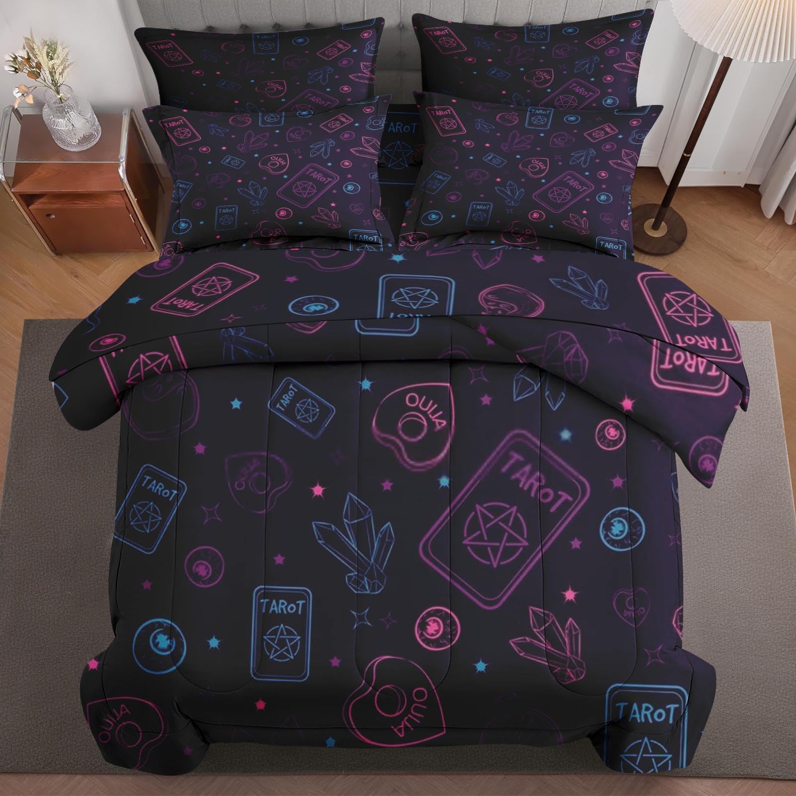 Pinbeam 7 Pcs Comforter Set Queen Size, Witchy Purple Blue Bed in a Bag with Flat Sheet and Fitted Sheet for Kids and Adults, Tarot Board Bedding Set with Pillowcase & Sham
