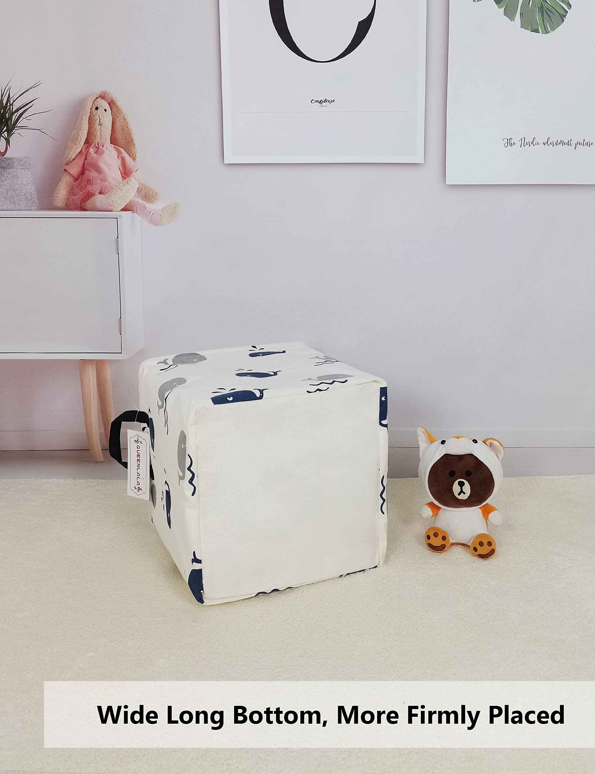 QUEENLALA Rectangular Laundry Hamper/Foldable Nursery Laundry Basket for Organizing/Storage Bin Baskets/Children Toy Office Bedroom/Toy Bin Closet Shelf Baskets(Square-Blue Cute Whale)
