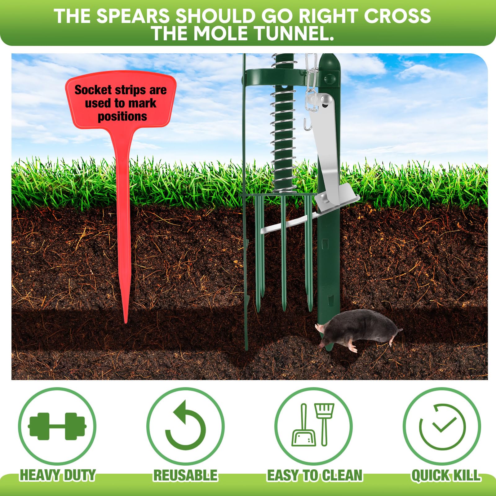 Qualirey 4 Pack Mole Trap Gopher Trap Ground Squirrel Trap Galvanized and Oil Hardened Spear Style Mole Killer Animal Trap Reusable for Lawn Garden Farm (Green)