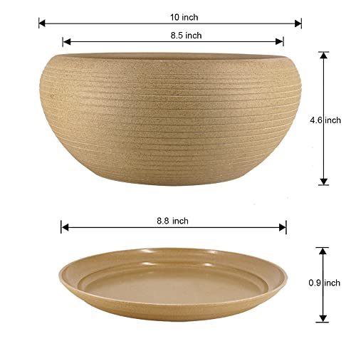 MUZHI 10” Round Large Ceramic Bonsai Bowl Planter,Clay Succulent Plant Pot Container with Saucer