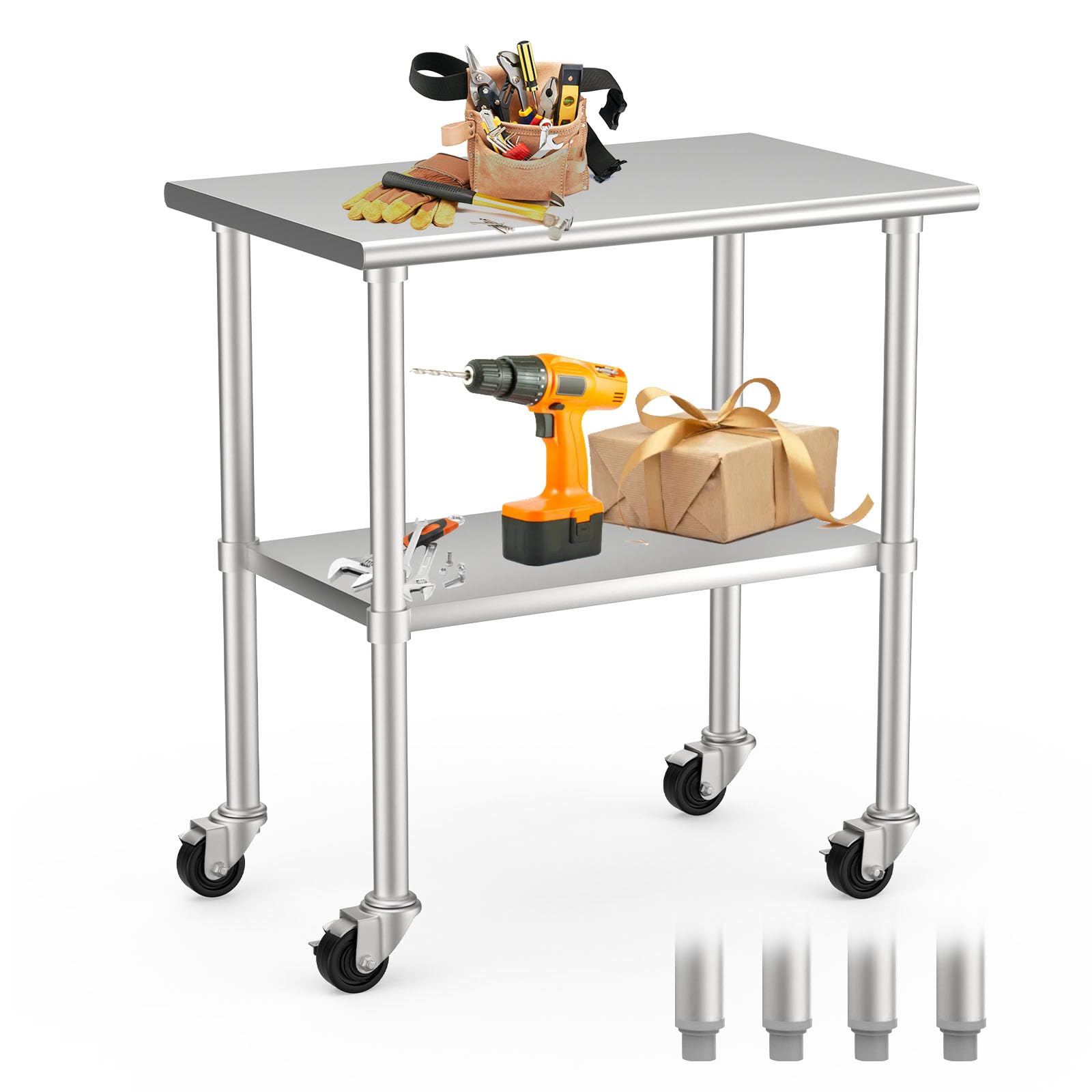 YBLFDY Stainless Steel Table with Wheels, 30x24 Metal Table NSF Stainless Steel Prep Table with Adjustable Undershelf and Backsplash,Stainless Table for Home,Kitchen,Garage,Garden