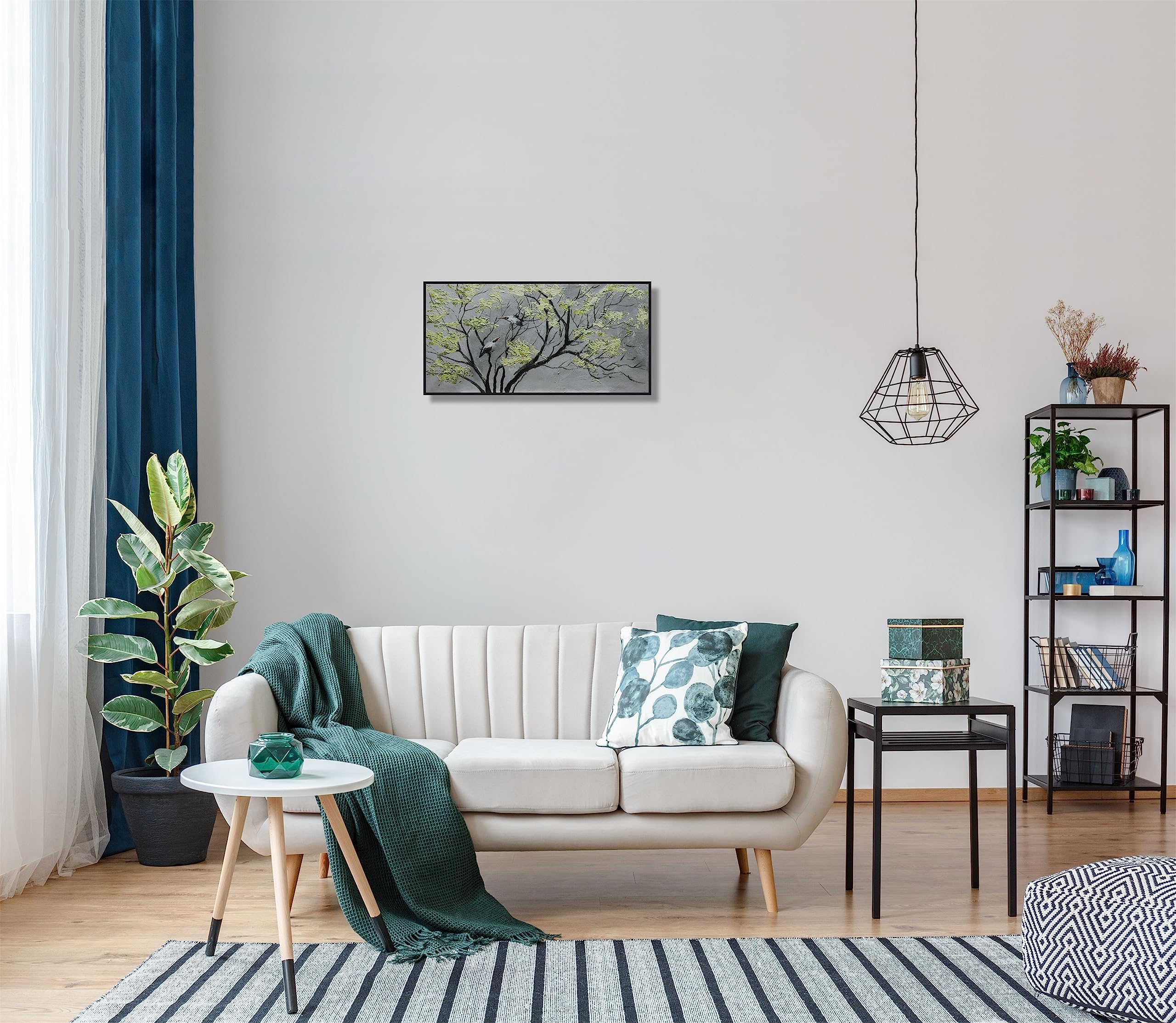 Hand Painted Oil Painting Canvas Wall Art Abstract Black & White Birds on Tree Front Load Frame 10x20" Extra 1/4" Slim 0.71" Height Wood Moulding 3D Brushstroke for Home Decor Office Living Bed Dining