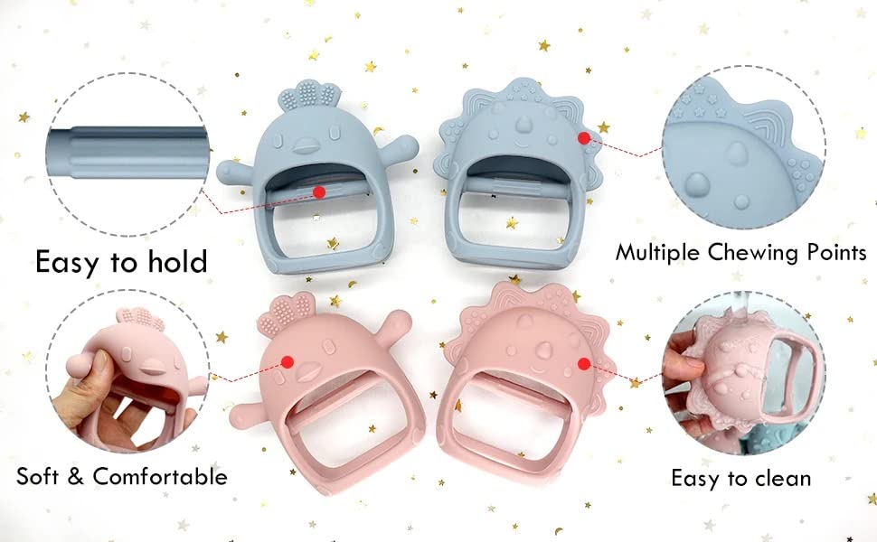 MOMMYS BABY Silicone Baby Teether Set, Infants Chew Mitten, Pain Relief for Sore Gums, Soothing 2 in 1| Olive Green Chick, Dusty Blue Triceratops | Anti-Drop with Handle for Easy Grip