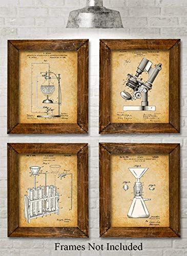 Original Science Lab Equipment Patent Prints - Set of Four Photos (8x10) Unframed - Makes Great Classroom Laboratory Decor and Gift Under $20 for Scientists Chemistry Decor