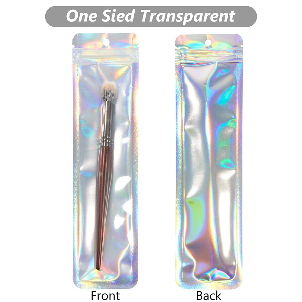 LZLPACKING 100 Pieces Storage Bags Holographic Packaging Bags, Storage Bag for Food Storage, Clear Front with Aluminum Foil Back，Resealable Ziplock and Heat Sealable for Food Storage (9 x 2.4 Inches)