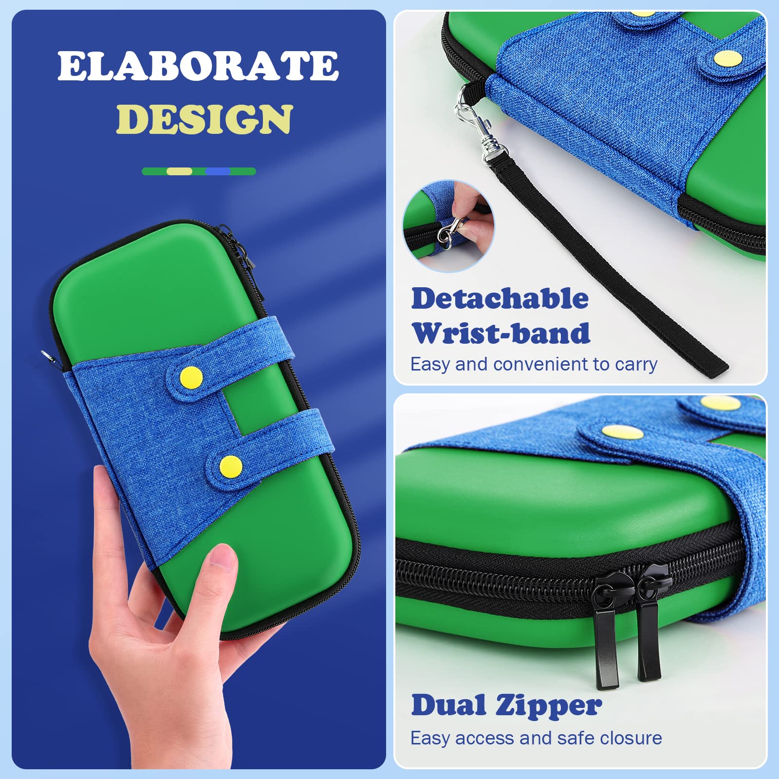 MoKo Carrying Case Compatible with Nintendo Switch Lite, Portable Protective Hard Shell Cover Travel Carrying Case Storage Bag with 10 Game Cartridge Holder & detachable Hand Strap, Luigi Green