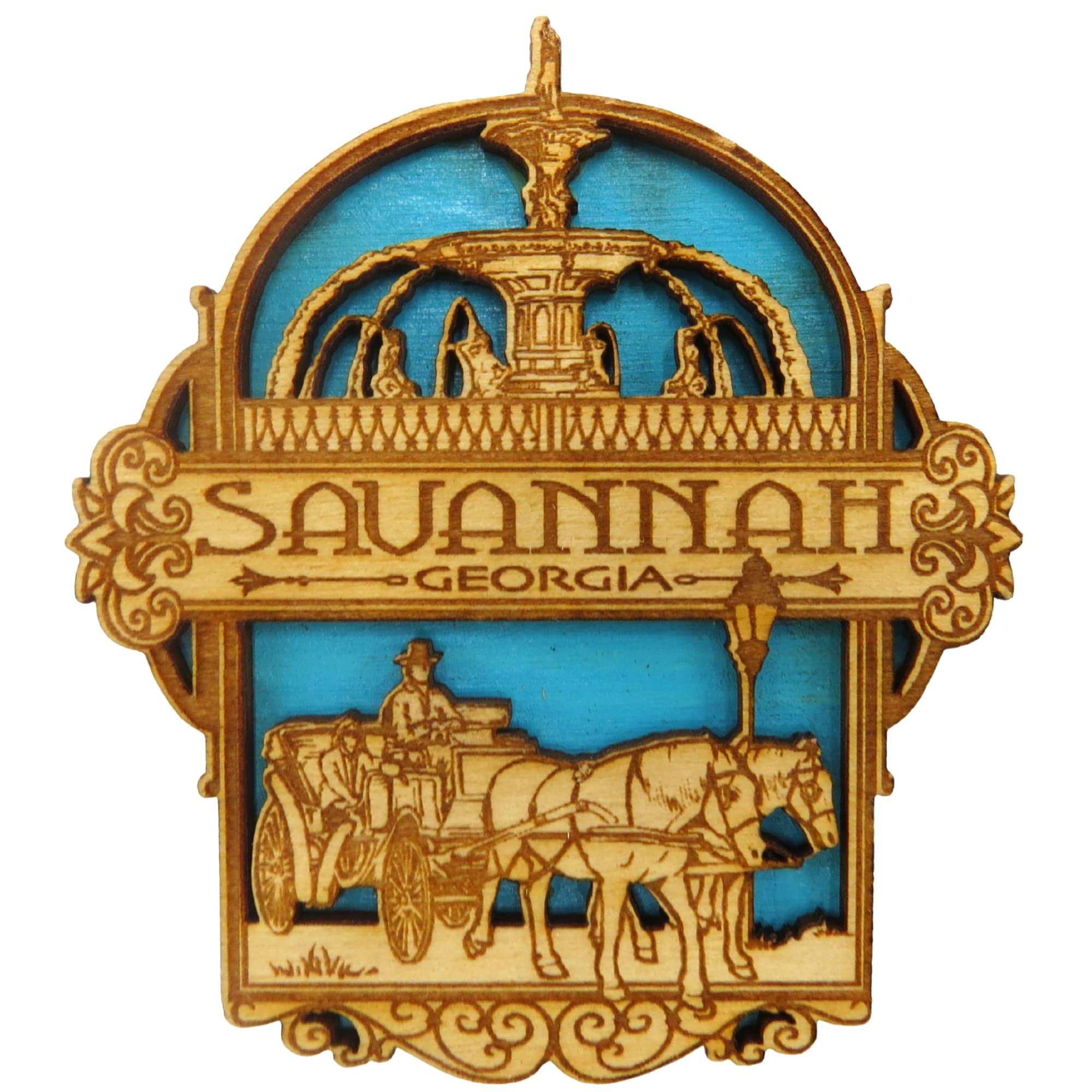 Laser Cut Savannah Georgia Decorative Souvenir Magnet, Hand Carved Wooden Decoration for Refrigerator, Detailed Décor for Fridge, Whiteboard, Locker, and More. 3 in. by 2.75 in.