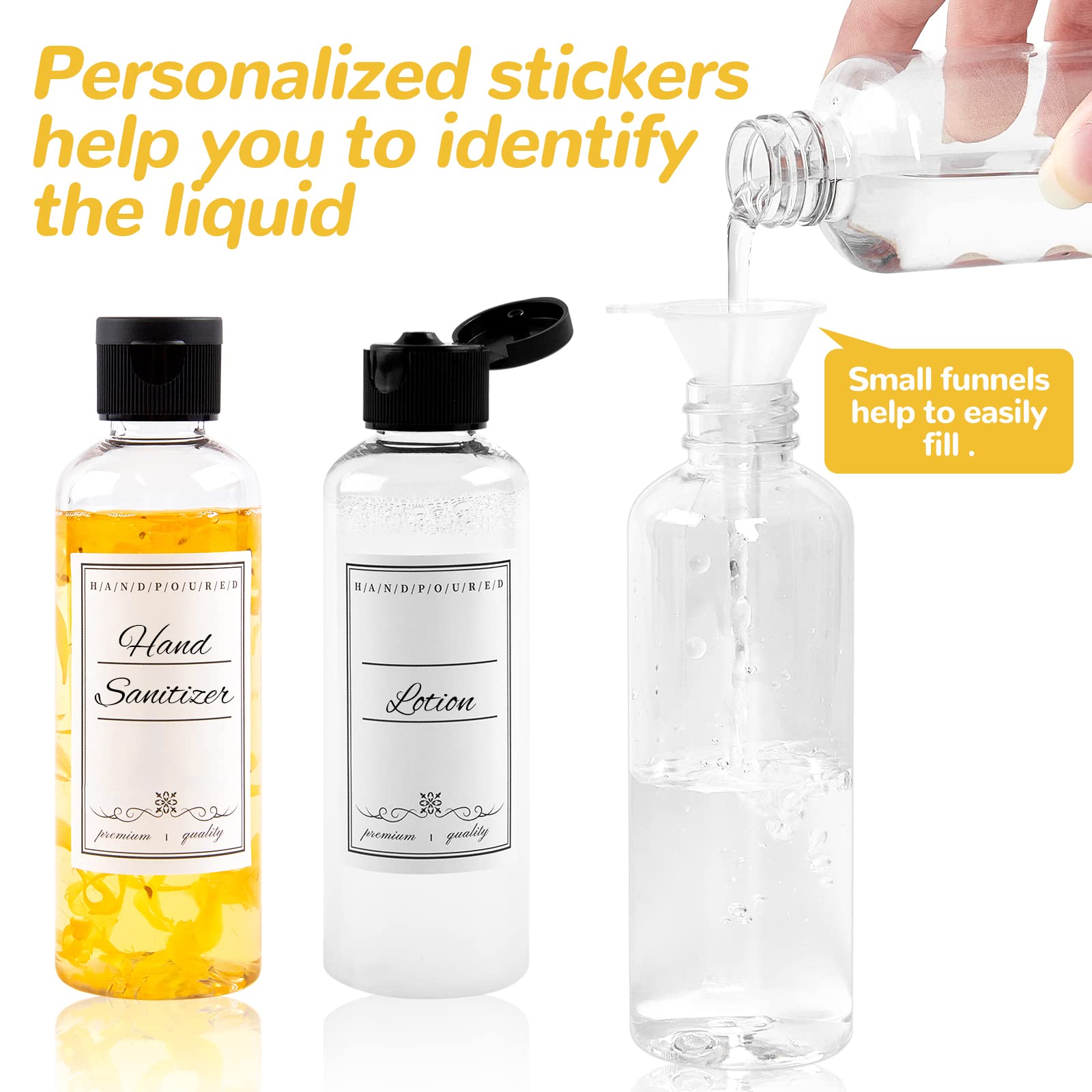 Qeirudu 3.4 oz Travel Bottles with Black Flip Cap and Labels, 12 Pack Clear Empty Squeeze Bottles Plastic Lotion Containers for Cream, Shampoo, Conditioner