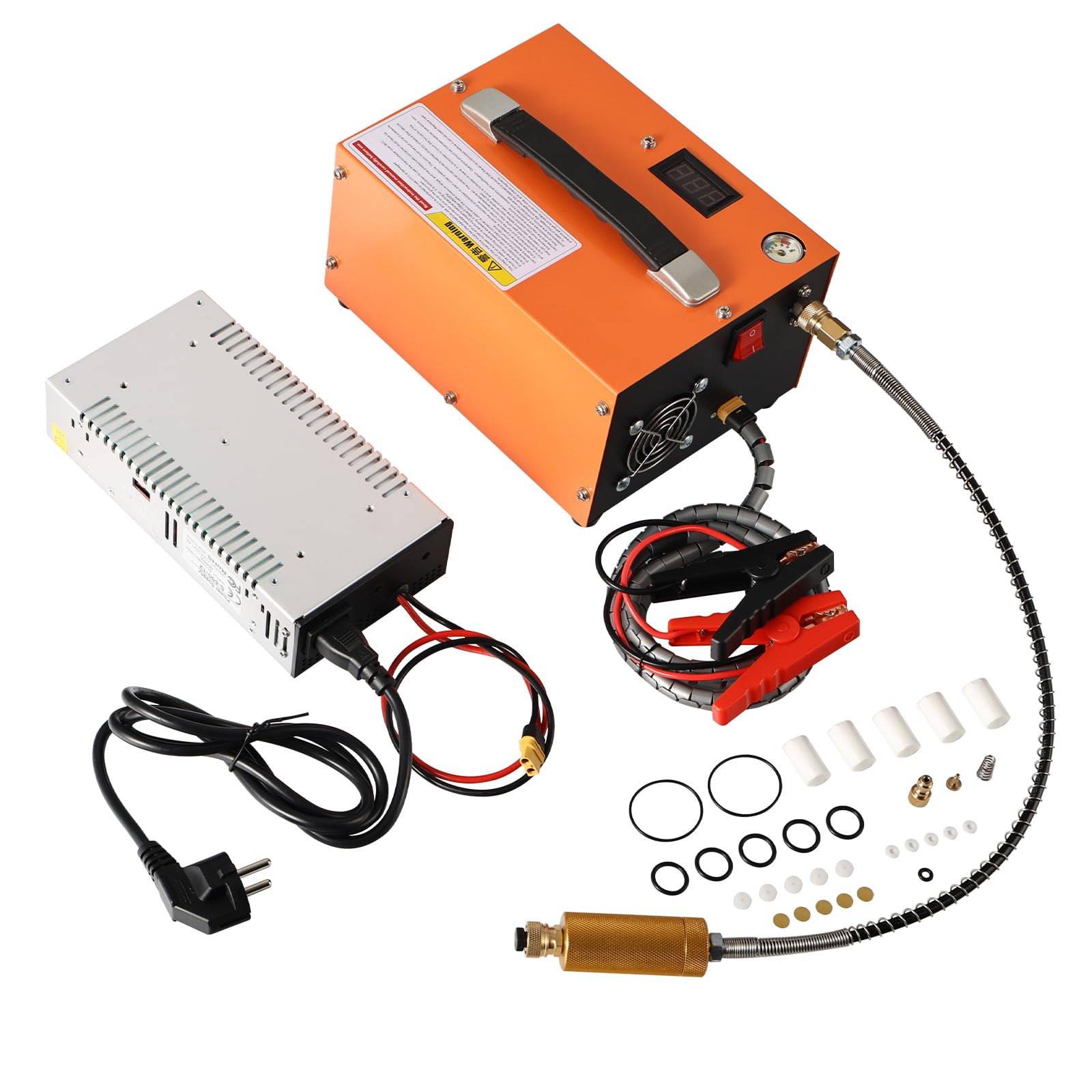 PCP air compressor 300bar 4500Psi/30Mpa anhydrous/oil-free PCP air pump color bullet tank power supply 12V automotive DC 110V AC household power converter and oil moisture filter