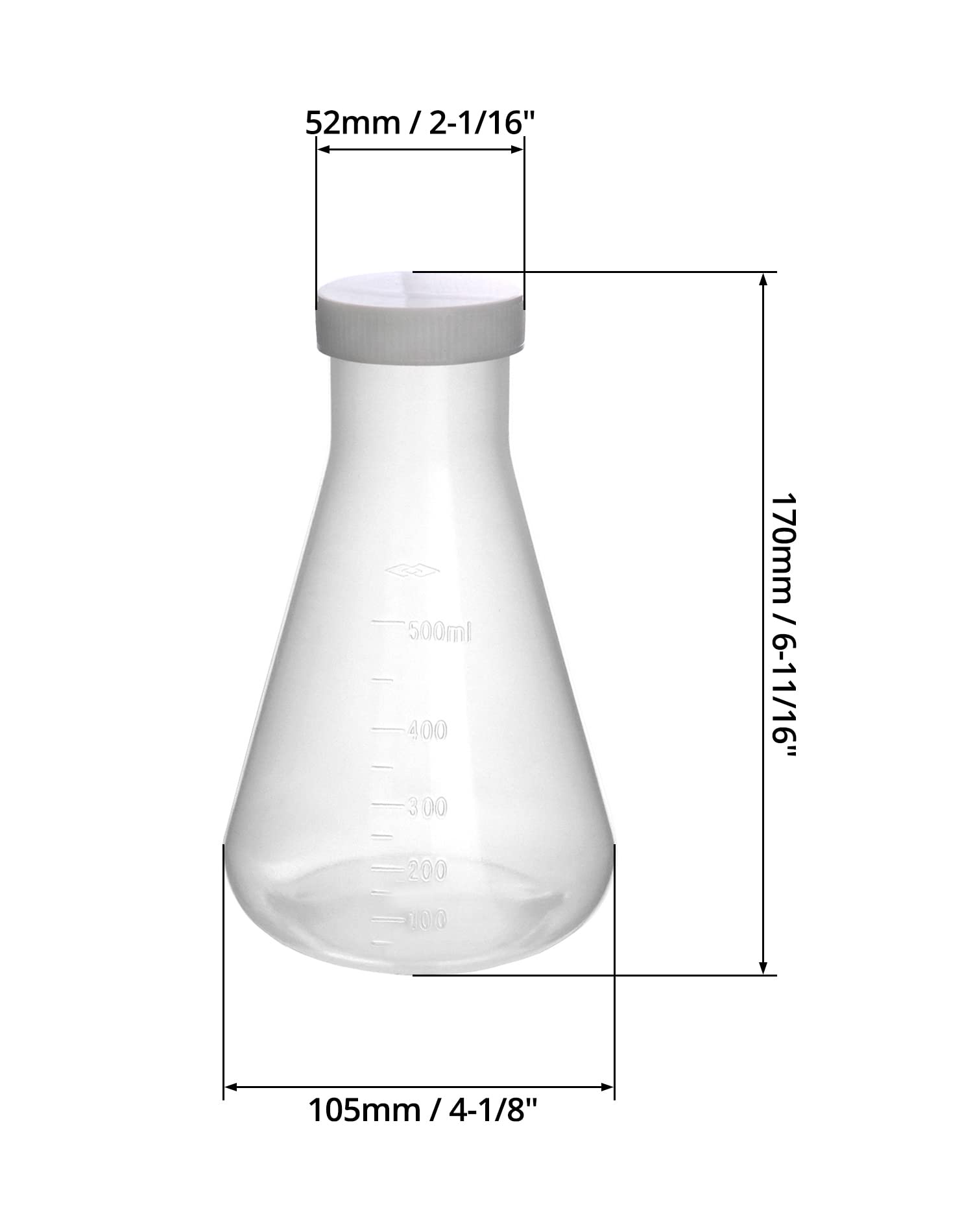 QWORK Erlenmeyer Flask, 2 Pcs 17oz / 500ml Narrow Neck with Screw Cap, Molded Scale, Autoclavable, White