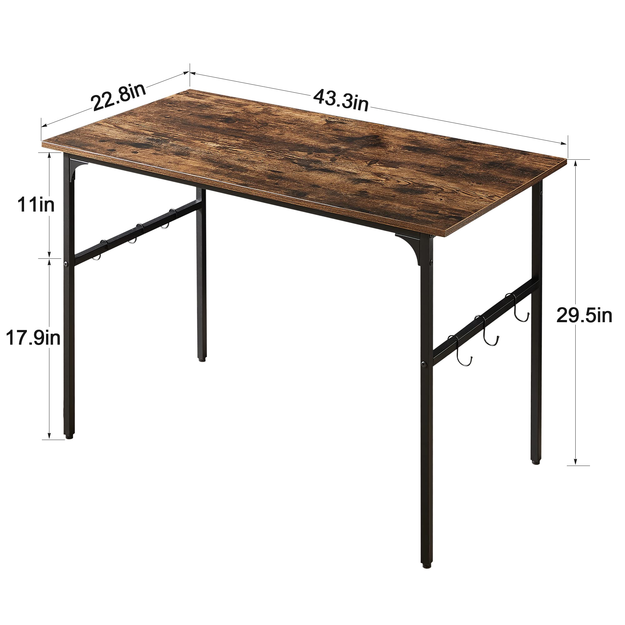 VECELO 44" Computer Writing Desk for Home Office, Study Table Workstation for Small Spaces with 6 Hooks & Adjustable Legs, Metal Frame,Brown, 44Inches