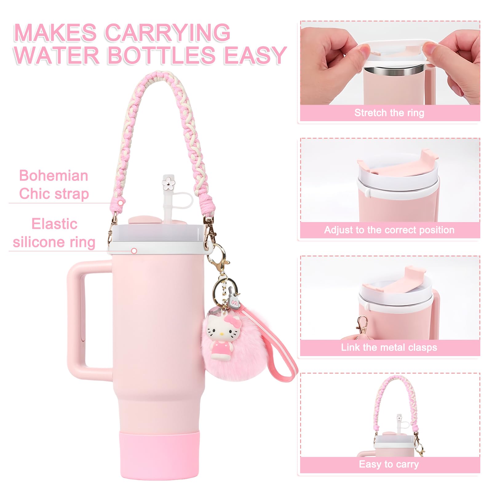 Stanley Cup Accessories Set, Cartoon Cute Kawaii Pom Pom Design Water Bottle Handle Strap, Silicone Stanley Cup Boot, Stanley Charms for Stanley Cup 30/40oz Tumble (Blue)