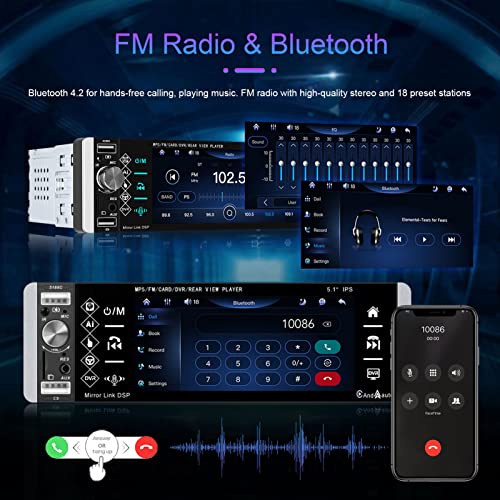 Single Din Car Stereo Compatible with Apple Carplay & Android Auto, METEESER 5.1 Inch Bluetooth Backup Camera, Touch Screen Radio Support FM/Mirror Link/SWC/USB/DVR/AUX-in