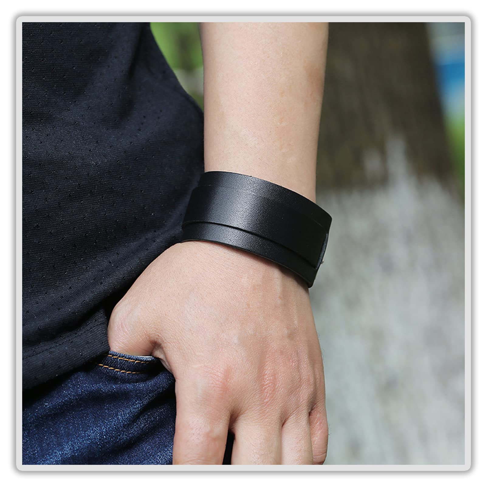 Mgutillart Punk Belt Buckle Cuff Bracelet Wide Leather Wrist Bracelet(Black)