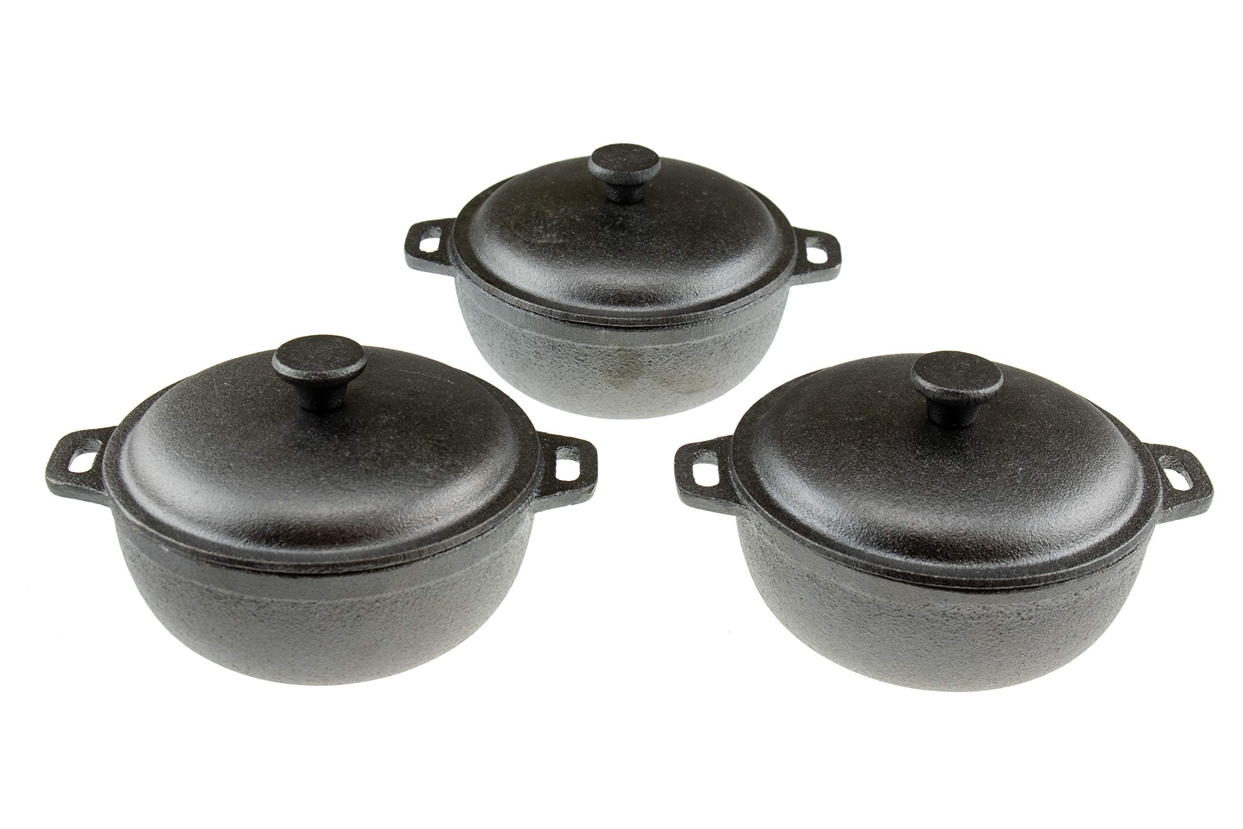 Heavy Duty Pre Seasoned Mini Cast Iron Dutch Oven Set of 3, Oven Safe Cooker, Black