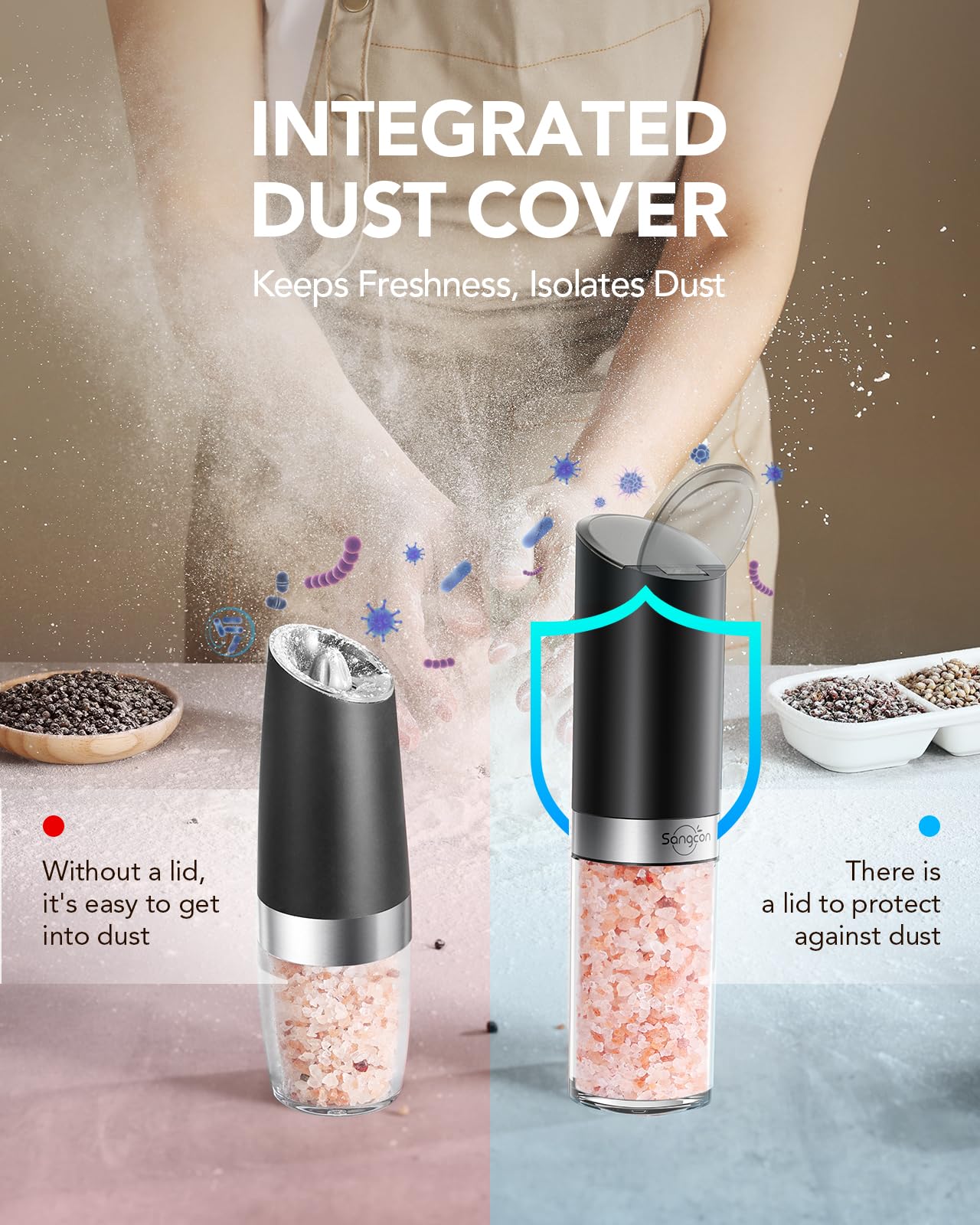 Sangcon Gravity Electric Salt and Pepper Grinder Set, Battery Salt and Pepper Mill Set with Dust Cover, 8 Oz Large Capacity Automatic Pepper Shaker with Light,Adjustable Coarseness, 2 Pack (Black)