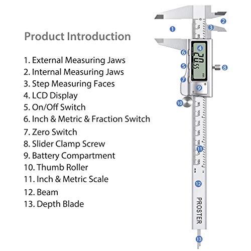 Proster Digital Vernier Caliper 6inch/150mm + 32 Feeler Gauges Dial Calipers Electronic Caliper Fractions/Inch/Metric Calipers Measuring Tool for Length Width Depth Inner/Outer Diameter