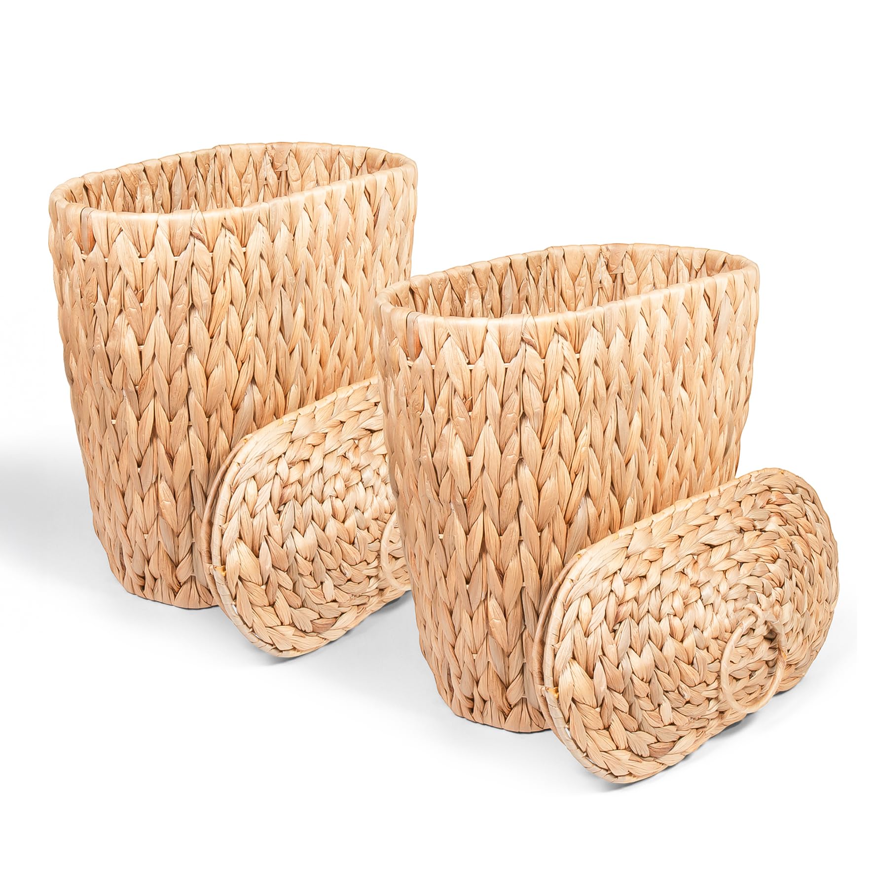 SNOWECRAFT 2-Pack Slim Wicker Basket with Lid β Small Waste Basket for Narrow Spaces | Rattan Decor - Handwoven Water Hyacinth Baskets and Covers | Covered Trash Can - Set of Two