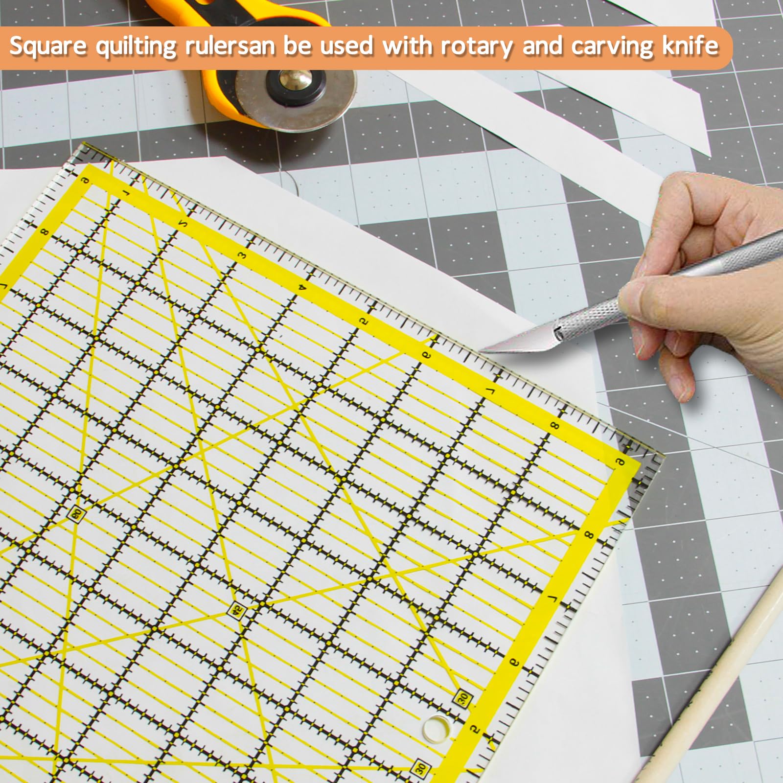 VPVPV 4 Piece Quilting Ruler,Acrylic Square Ruler,Quilting Templates,with Non Slip Rings 25 Pieces(4.5“X4.5”、6“X6”、9.5“X9.5”、12.5“X12.5”) (Yellow)
