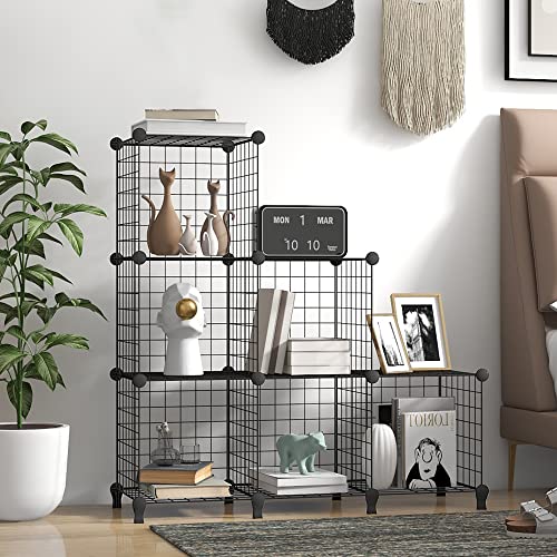 Wolizom Wire Cube Storage, 6-Cube Black Metal Grids Shelves Bookshelf, Stackable Modular Shelving Organizer, DIY Closet Bookcase Bookshelf, Grid Storage Shelf for Bedroom, Living Room, Office