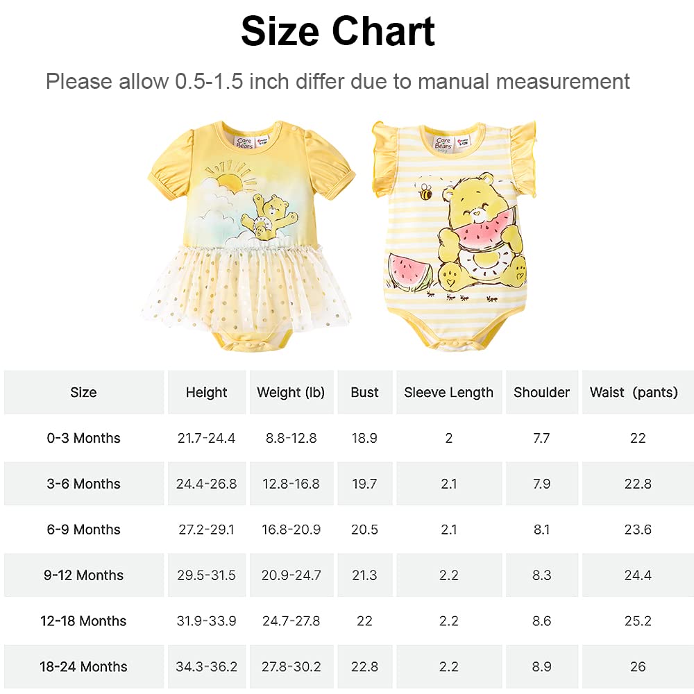 PATPAT Care Bears Baby Girls 2-Pack Bodysuit Newborn Infant One-pieces Romper Ruffle Sleeve Bodysuit Tutu Romper 12-18 Months