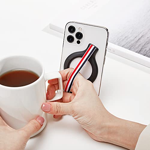 Sinjimoru Magnetic Wool-Band Phone Grip Holder for Apple MagSafe Case, Detachable Phone Grip Strap Holder for MagSafe Compatible with iPhone 15 14 13 12 Series. M-Mini Grip Black White