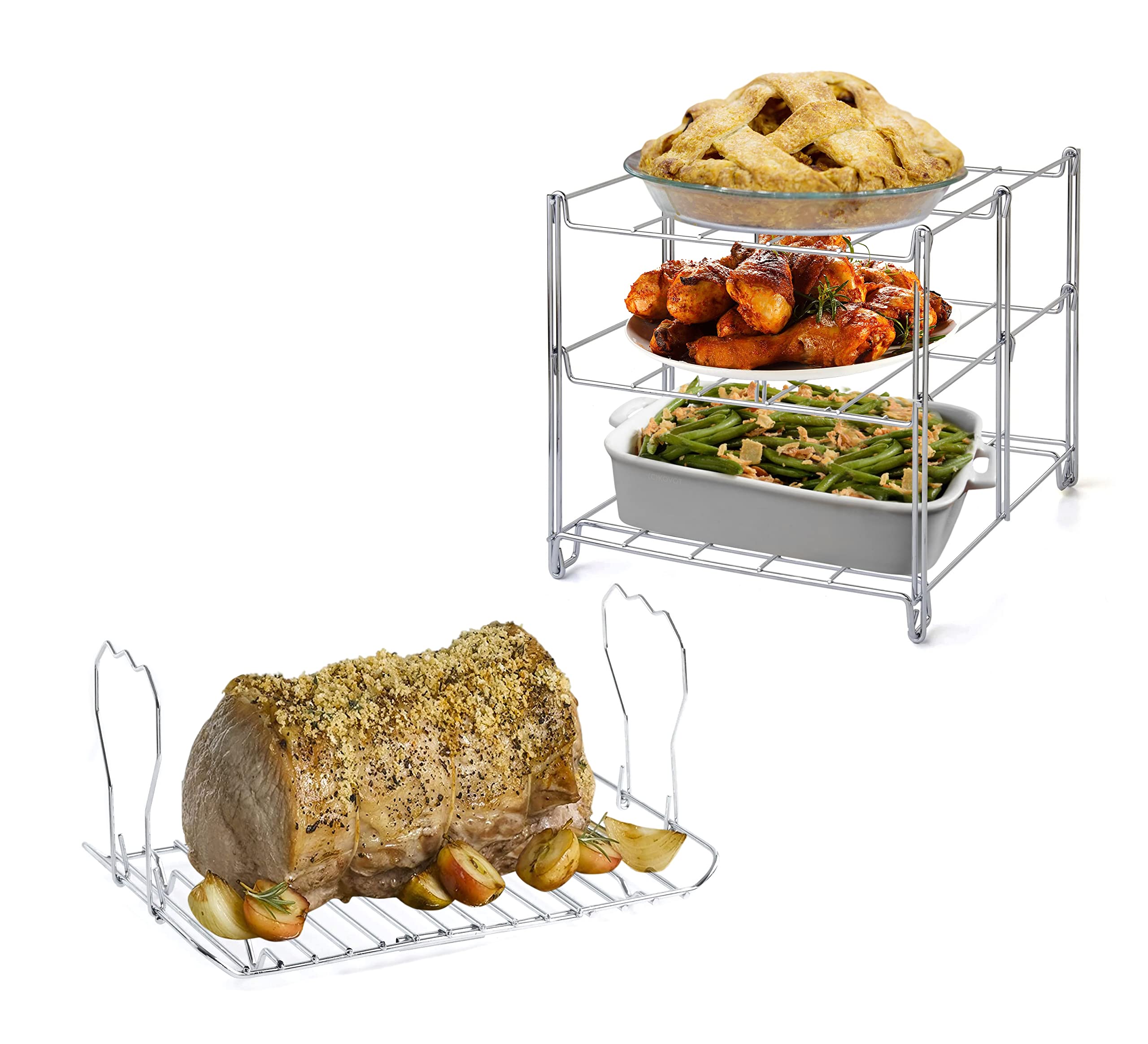 Kovot 3-Tier Oven Rack & Turkey Lifter Roasting Rack | Space Saving Collapsible Oven Rack For Multiple Roasting And Baking Tasks | Includes (1) Oven Rack & (1) Expandable Roasting Rack, Turkey Lifter
