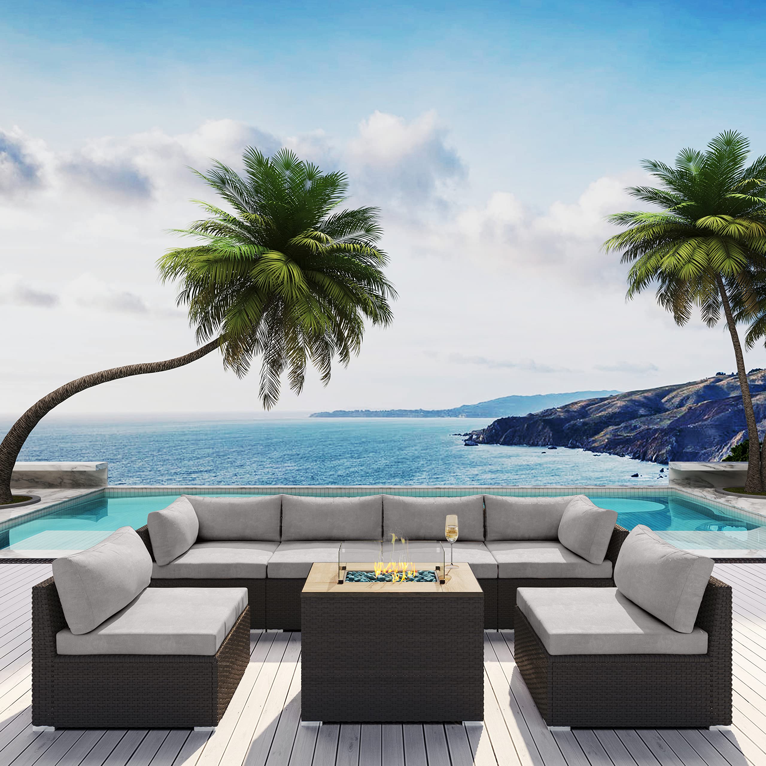 MODENZI Patio Furniture Outdoor Sectional with Propane Fire Pit Table Espresso Brown Wicker Resin Garden Conversation Sofa Set (Light Grey)