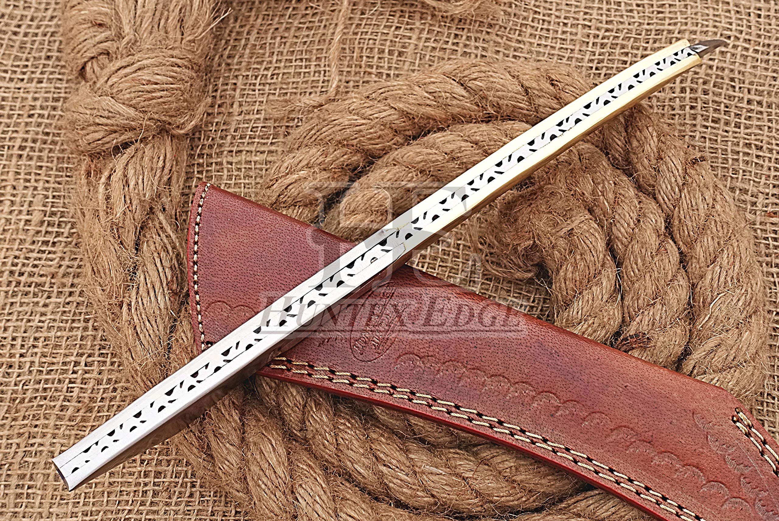 HUNTEX Custom Handmade Hand-Forged Rain Drop Pattern Damascus Steel 11 Inch Long Full Tang Steel-Brass Handle Razor Sharp Hunting Camping Hawkbill Knife w/Genuine Leather Pouch
