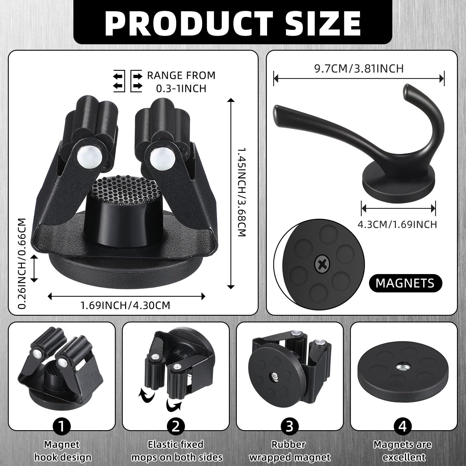 Vercraft 4 Pcs Magnetic Double Hooks Magnetic Coat Hooks Magnetic Mop Broom Holder Movable Magnetic Broom Holder Rack for Garage Kitchen Laundry Garden