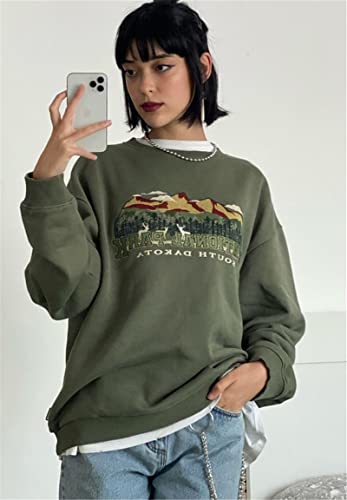 Women Y2k hoodie Zip up Oversized Top Gothic Clothes Alt Sweatshirt Aesthetic Long Sleeve Vintage Punk Blouse (Green Elk, M)