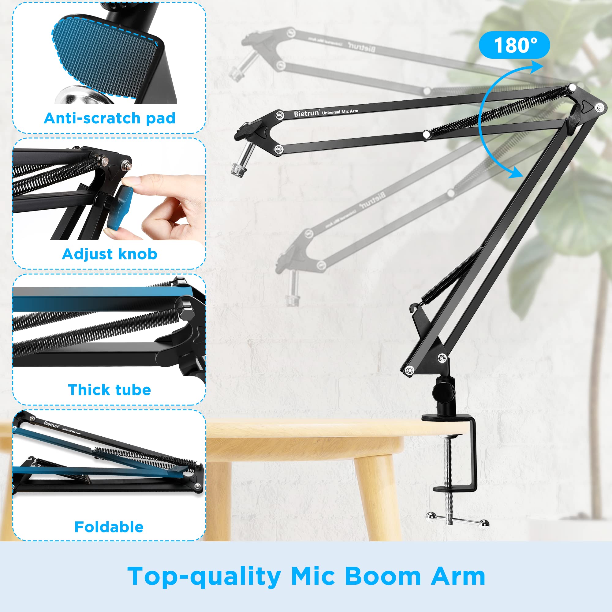 Mic Arm Desk Mount for HyperX QuadCast,Blue Yeti,Shure Sm7b,Boom Arm Mic Stand 360°Rotable with 3/8" to 5/8" Adapter,Mic Clip,2.5" Clamp for Handheld Mics,Podcast,Gaming,Recording,Large