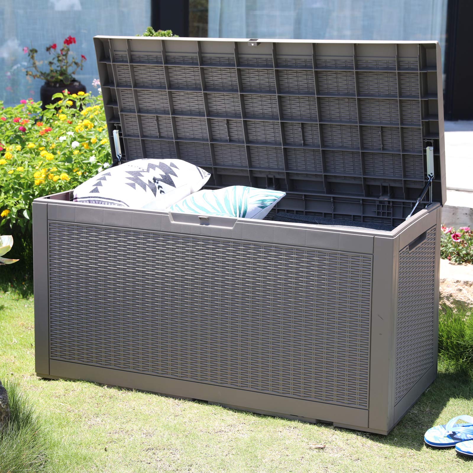 Modern-Depo 100 Gallon Deck Box Waterproof Outdoor Storage Bench Resin Pool Towel Storage Bin Porch Delivery Box with Seat Cushion, Gray