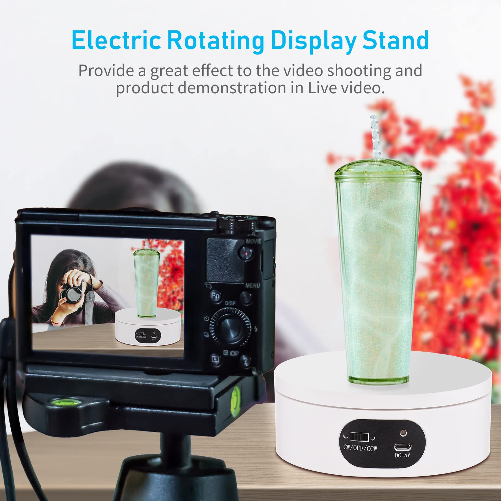 maieray Turner Cup Motorized Rotating Display Stand for Epoxy Glitter Tumbler, 360°Automatic Mute Rotating Turntable for Photography Products, Tumbler Mugs Making Supplies Spinner USB 4.72in